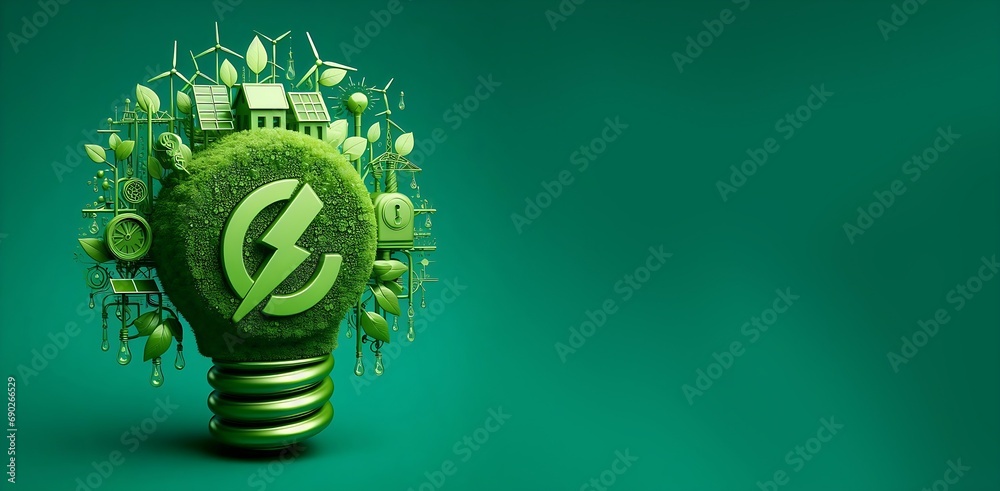 Green energy light bulb, renewable energy concept with isolated green ...
