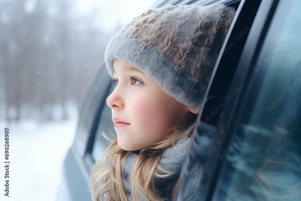 Little girl wearing in winter clothes pressed her face against car ...