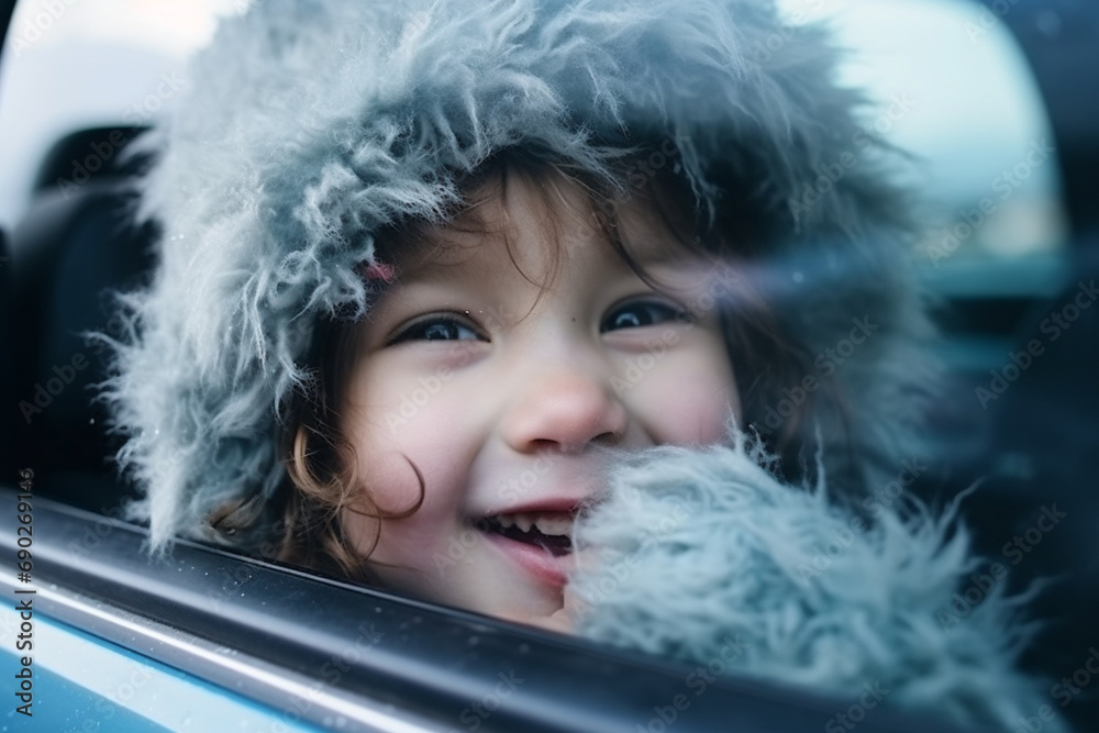Little girl wearing in winter clothes pressed her face against car ...