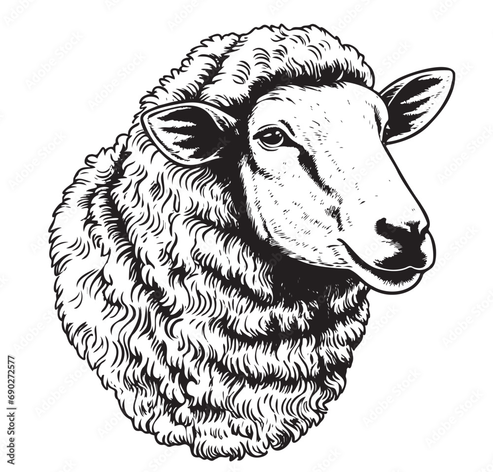 Sheep head portrait illustration, drawing engraving ink, line art ...