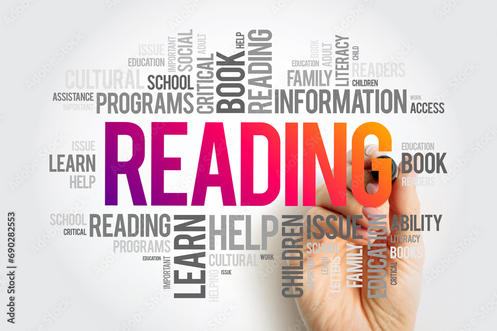 Reading word cloud collage, education concept background Stock Photo ...