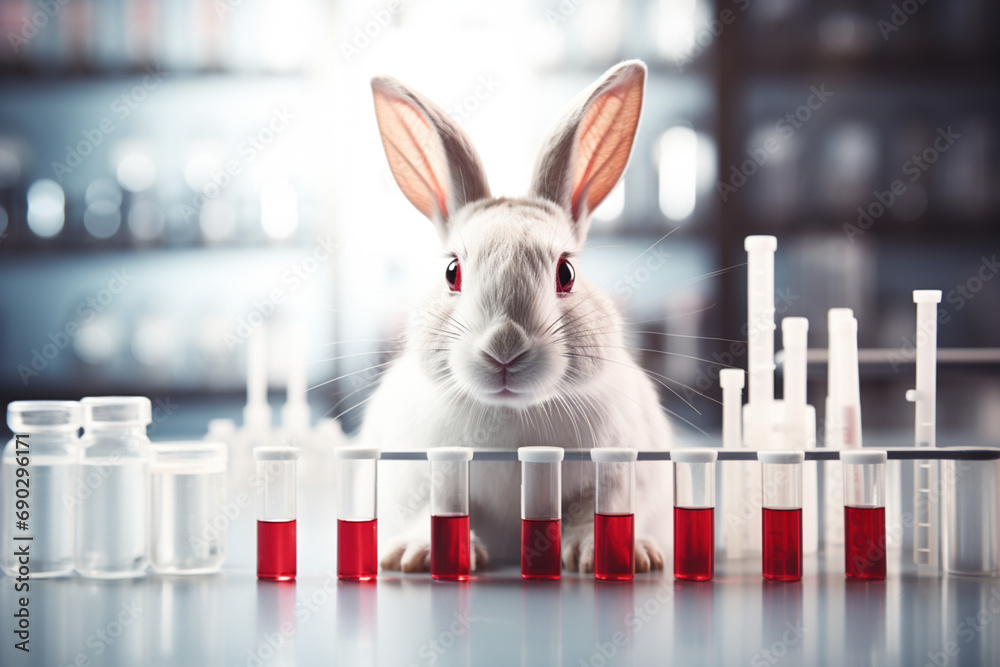 Scared white laboratory mouse with dark eyes in on metal lab office ...