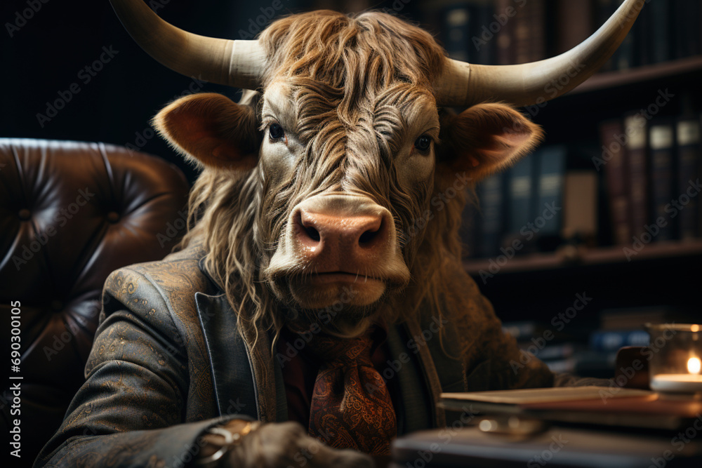 Portrait of bull sitting in expensive formal suit at table desk ...