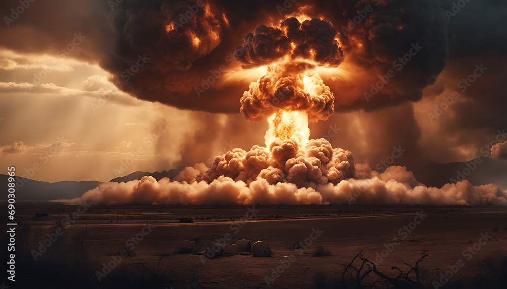 A massive, fiery atomic bomb explosion fills the sky with smoke and ...
