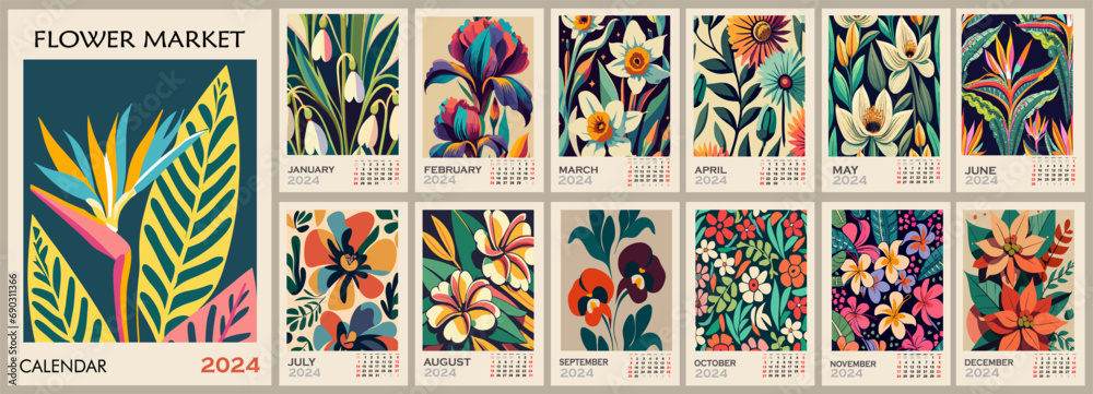 Floral calendar template for 2024 . Vertical design with abstract ...