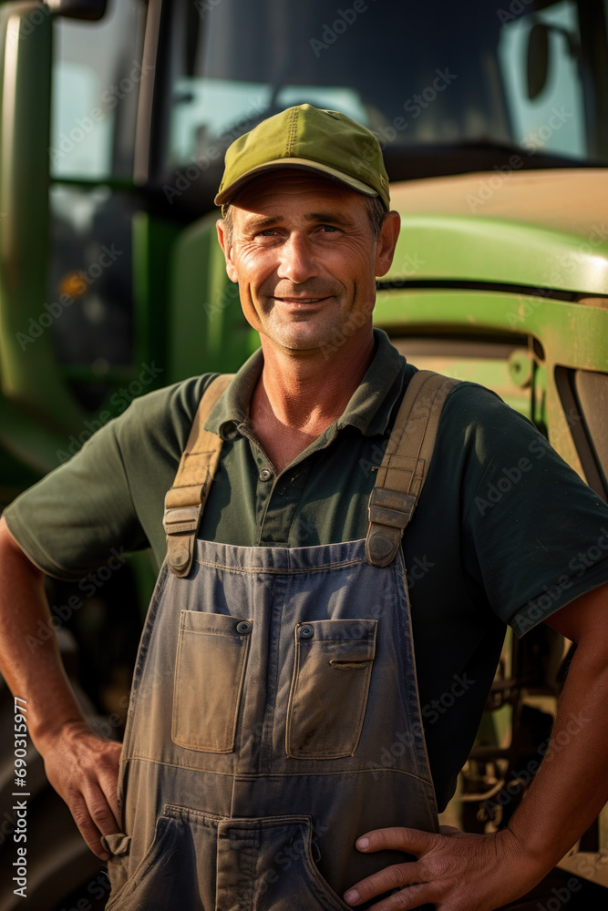 Agriculturist Portrait of Happy farmer standing near a tractor or a ...