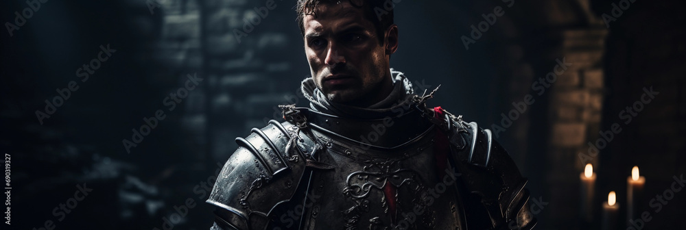 Brooding Gothic knight portrait, full black armor, standing in a ...
