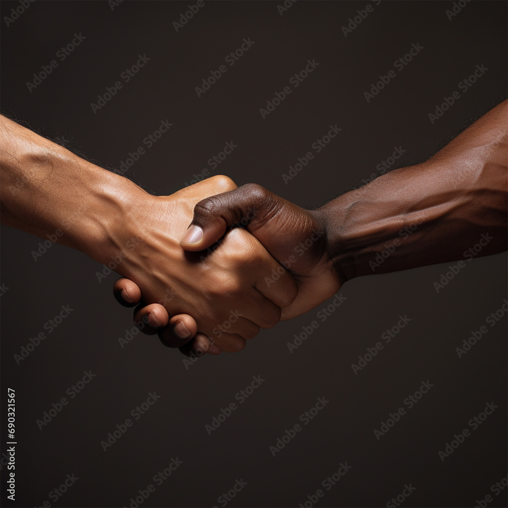 Close-up of a handshake between two hands of different skin colors on a ...