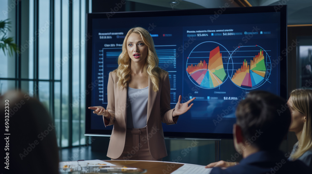 Businesswoman is giving a presentation using a digital screen with ...