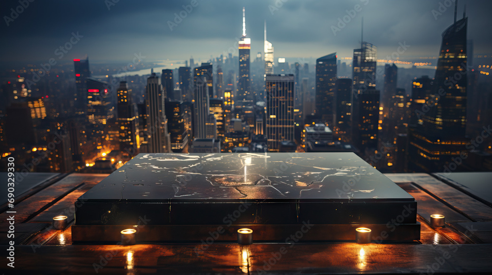 Product Launch Spotlight: Podium Amidst Night City Lights. Background ...
