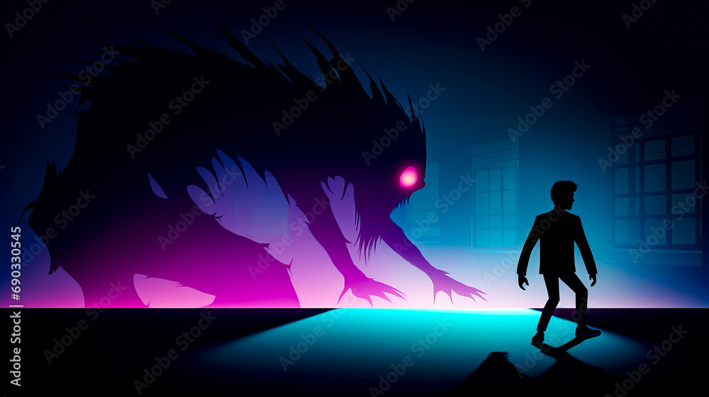 Man standing in front of giant monster in city at night. Stock ...