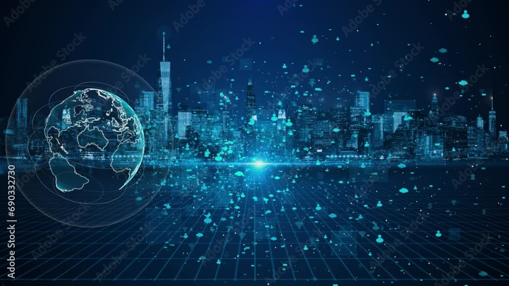 4K Modern city scape Wireless network connection technology concept ...