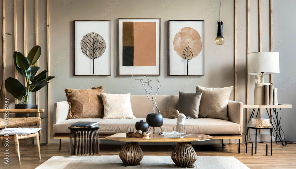 Foto de Interior design of living room with mock up posters, stylish ...