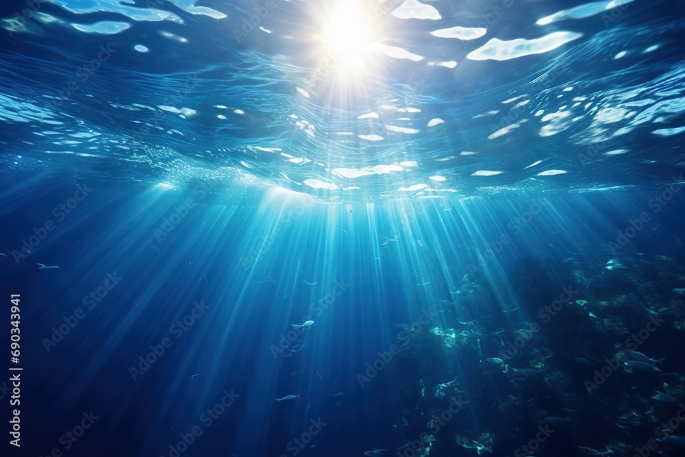 Shining sun rays in sea underwater, flora and fauna of underwater world ...