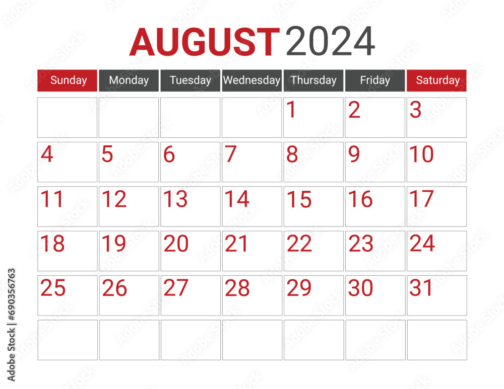 new calendar August 2024 Black and Red Monday Start Landscaped Monthly ...