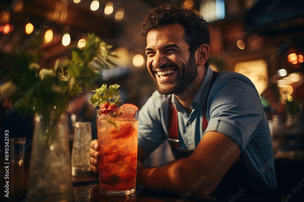 Mixing Delight: A delighted bartender, his face lit up with a genuine ...