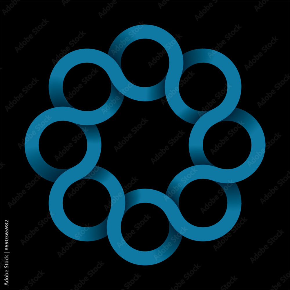 Intertwined blue logo or design frames element. Isolated on black ...