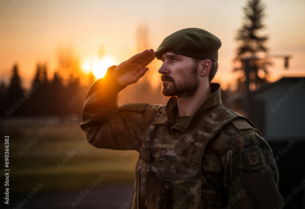 Young American male soldier in military uniform saluting at Memorial ...