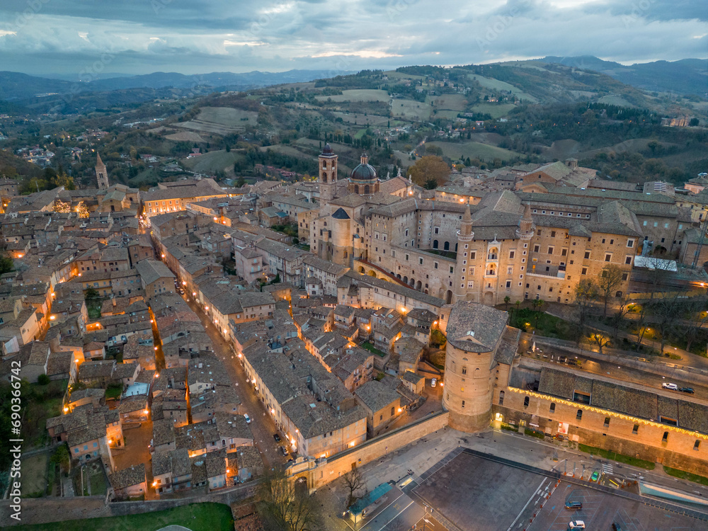 Italy, 08 December 2023 - aerial view at dawn of the medieval village ...