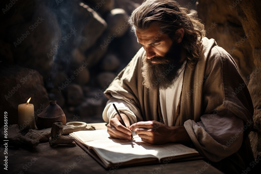 Apostle writing book or letter inspired by the Holy Spirit. Stock Photo ...