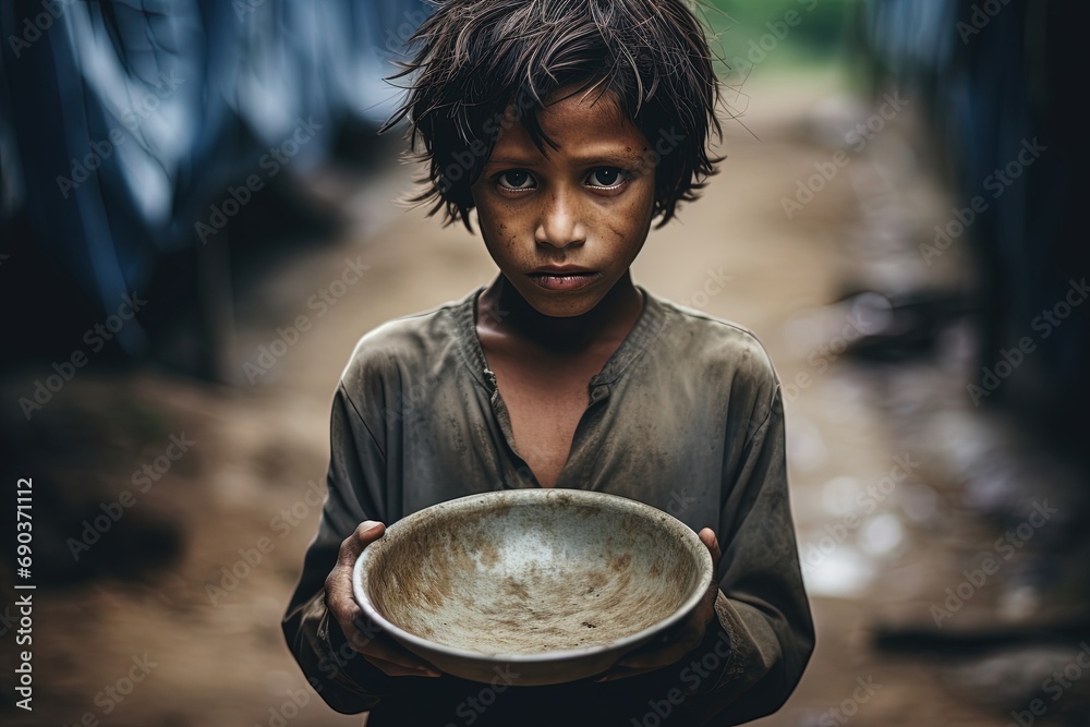 Portrait of a poor, hungry boy in a refugee camp, who holds empty bowl ...