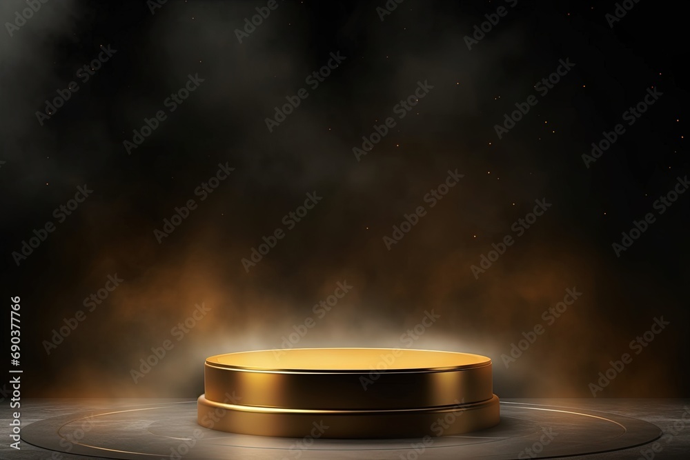 Round cylinder platform gold podium on dark background with smoke ...