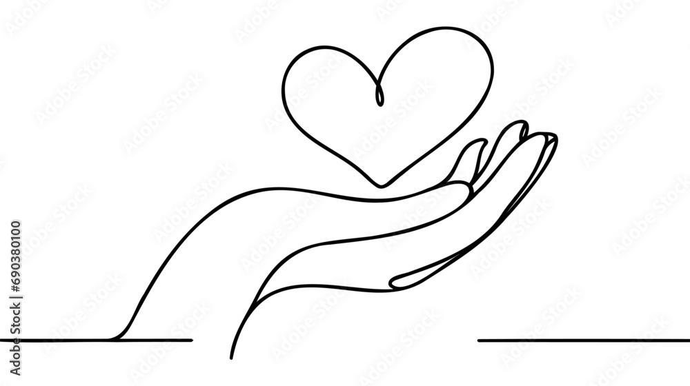 Continuous one line drawing hand holding heart. Charity donation linear ...