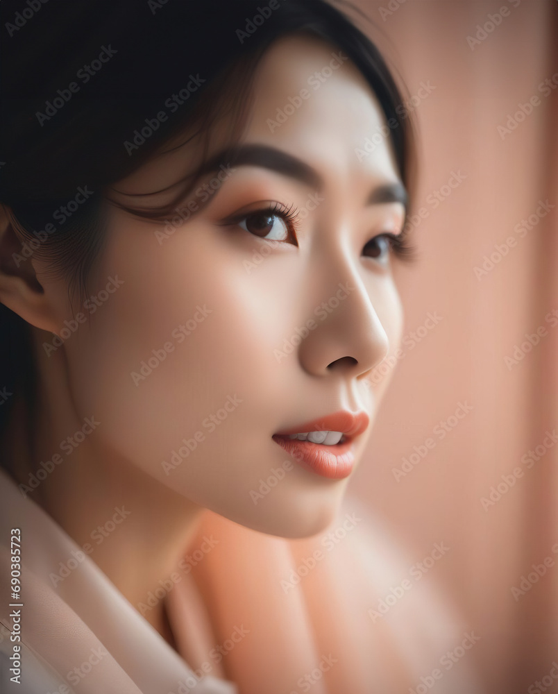 Asian woman portrait with natural colored lips. Peach fuzz, the color ...