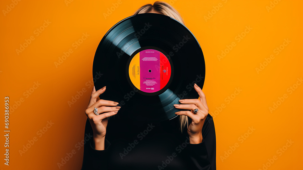 Full body image of woman holding black vinyl record in front of her ...