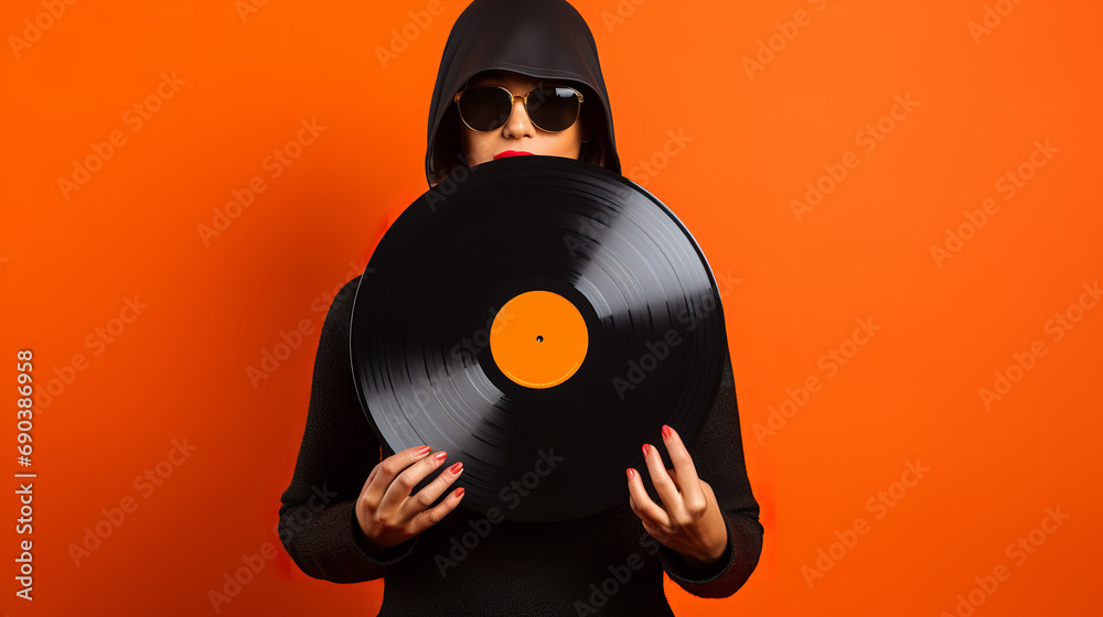 Full body image of woman holding black vinyl record in front of her ...