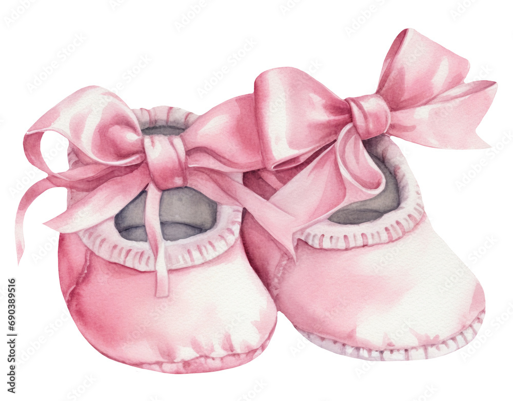 Watercolor illustration of a pink baby booties. It's a girl. Newborn ...