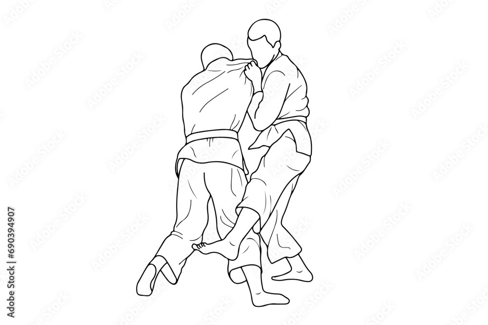 Line drawing of two young sportive judoka fighter. Judoist, judoka ...