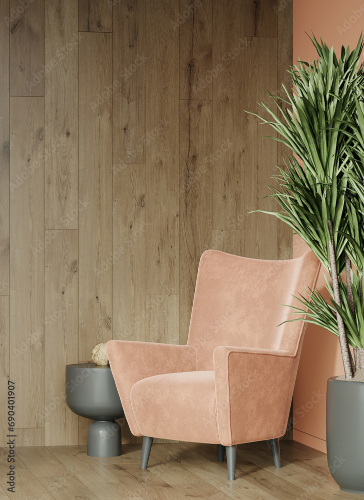 Warm peach fuzz 2024 color trend of the year lounge room style. Wooden ...