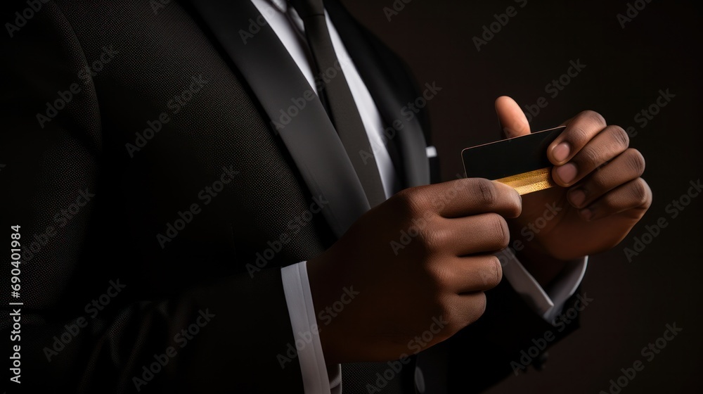 Black business man pulling a premium credit card from his pocket to ...