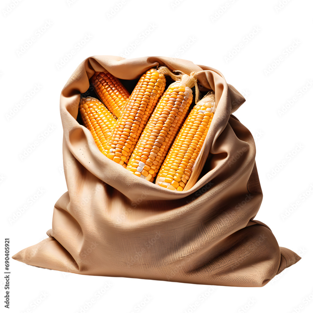 Saco cheio de sabugos de milho. Sacola de pano com várias espigas de ...