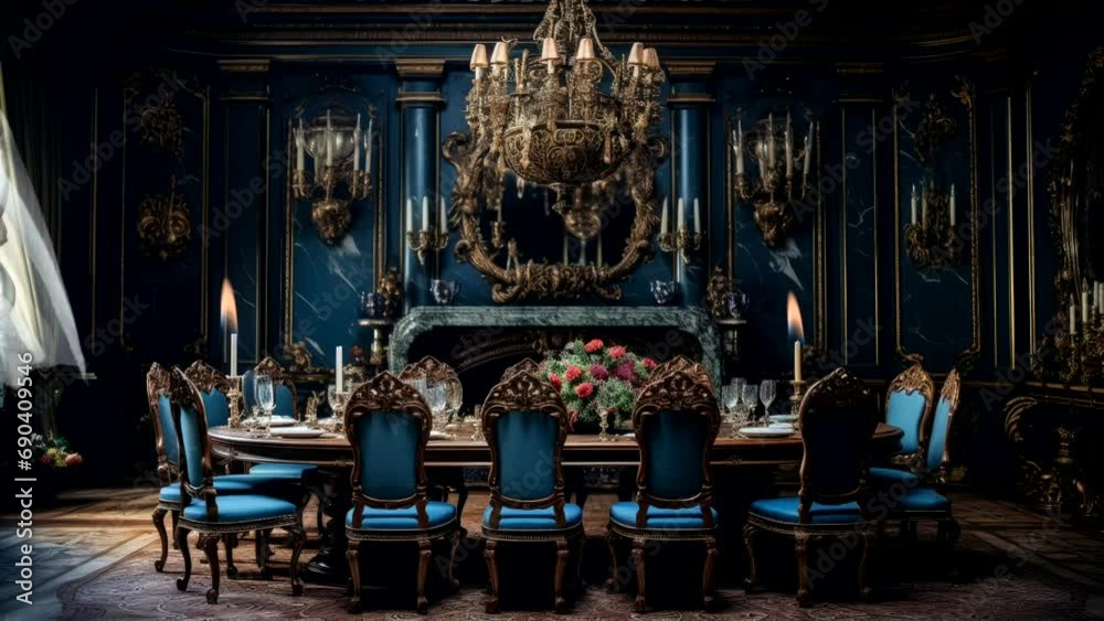 Luxury classic dining table room interior on castle or palace with ...