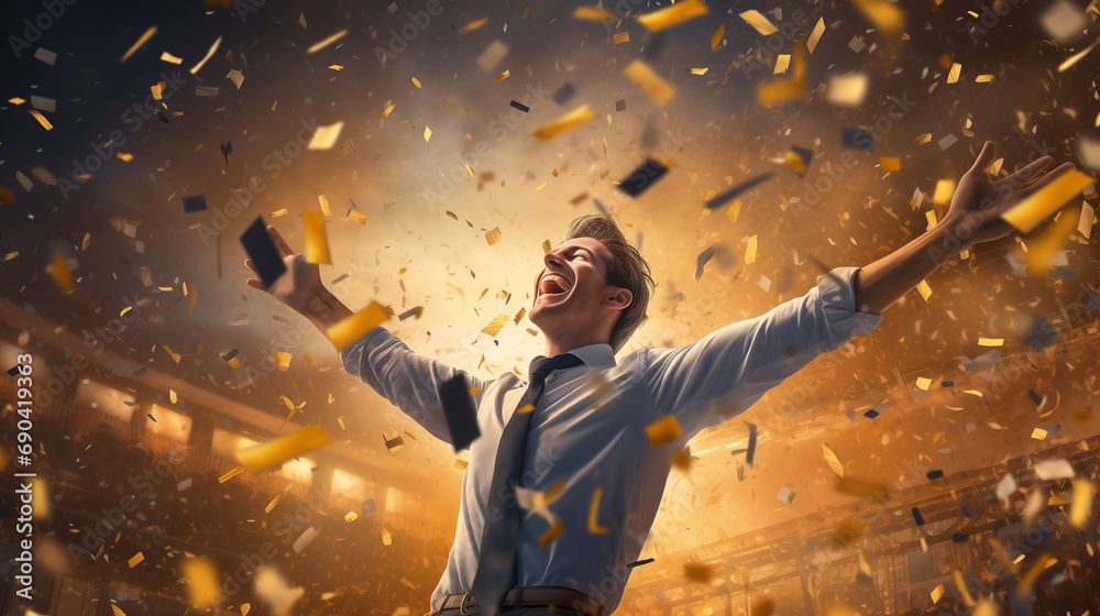 Ecstatic Person Celebrating with Confetti, Triumphant Success Stock ...