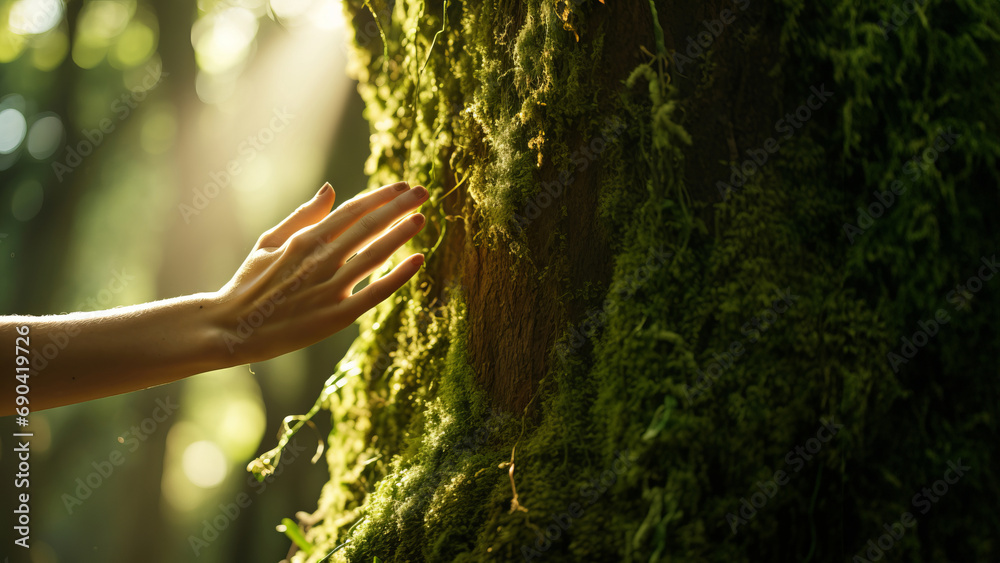 Close-up of woman's hand touching an old tree. Hand of a girl caressing ...