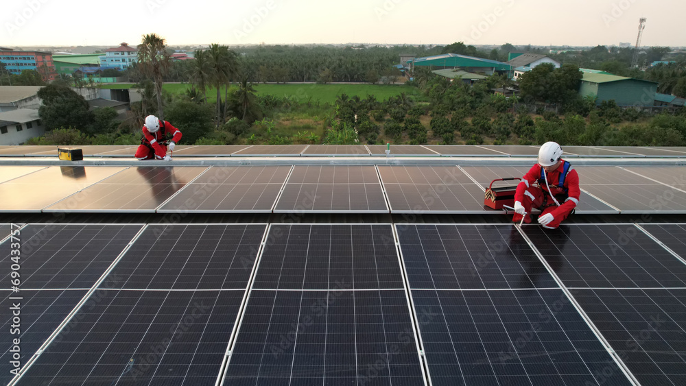 solar roof installation, Engineer with safety PPE and Harness install ...