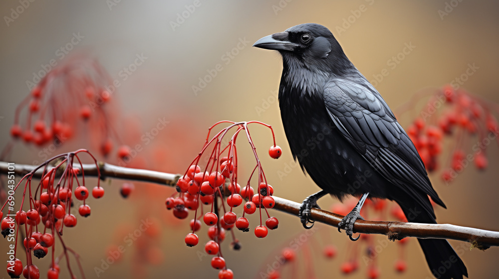 A raven in the snowy winter with red berries. Generative AI. Stock 写真 ...
