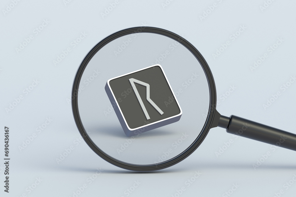Raido rune on button behind magnifying glass. Ancient german alphabet ...