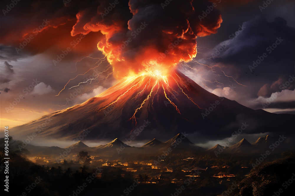 Volcano erupts at misty morning or sunset, volcanic ash shoots up into ...