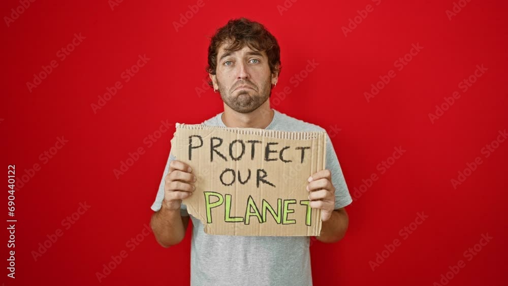 Depressed young man, isolated against a red background, clings to a ...