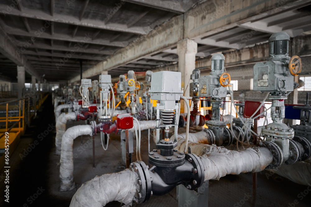Piping of autoclaves with pipes valves and automatic drives Stock Photo ...