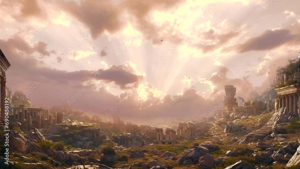 Ancient ruins of an old civilization. Sunset with clouds over a ...