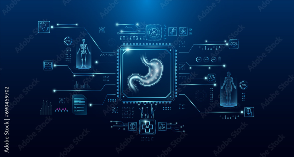 Stomach organ human in microchip processor circuit board. HUD interface ...
