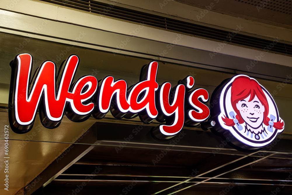 Store sign at the entrance to Wendy's Fast Food Resturant Stock Photo ...