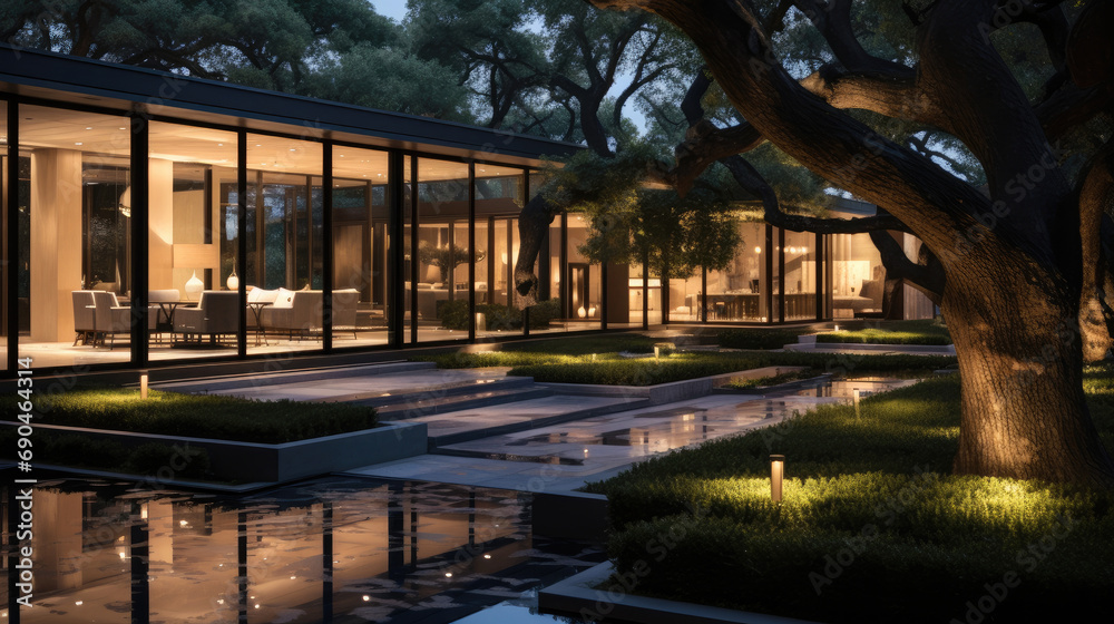 Night time, Manicured hedges and oak trees lead to a large house with ...