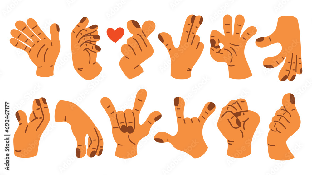 Collection of gesture signs from human hands. A set of fingers showing ...