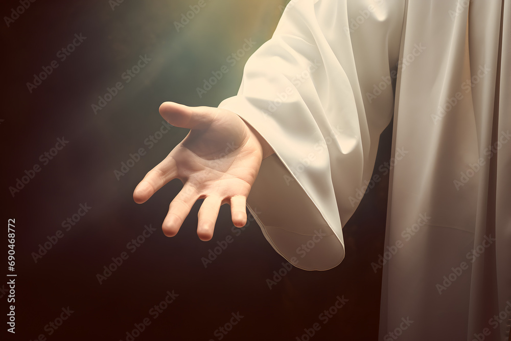 Jesus reaching out his hand against dark background Stock Illustration ...